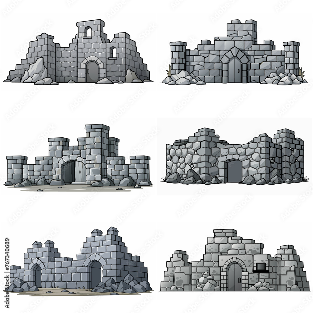 Ancient medieval stone ruins set. Broken castle, fort, temple ruins ...