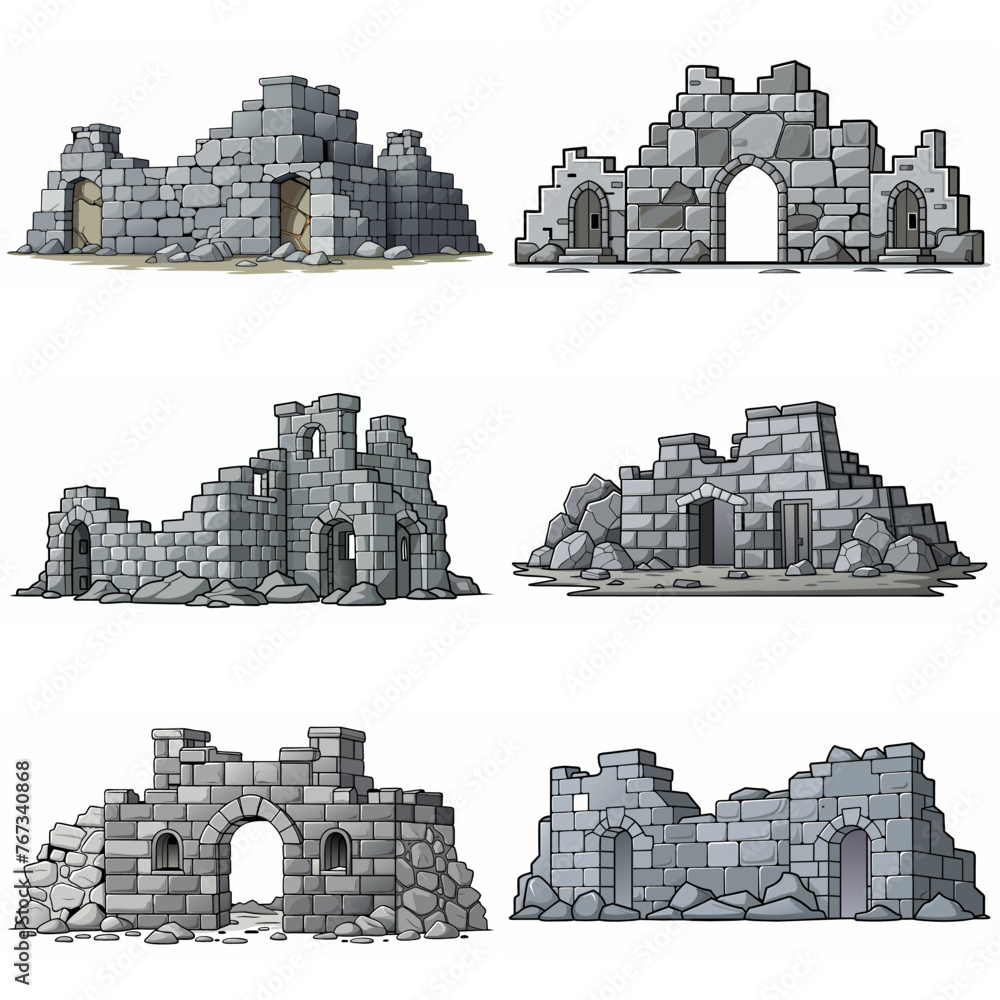 Ancient medieval stone ruins set. Broken castle, fort, temple ruins ...