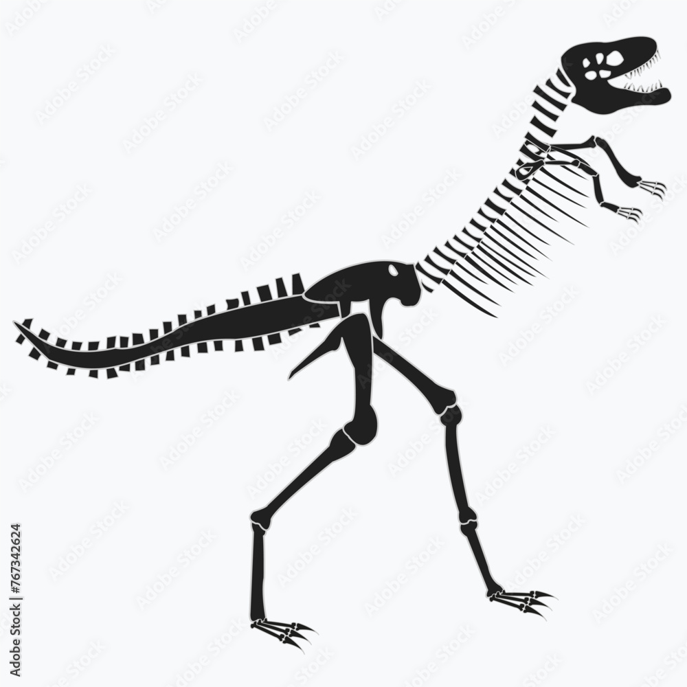 T rex dinosaur skeleton negative space silhouette illustration. Prehistoric creature bones ...