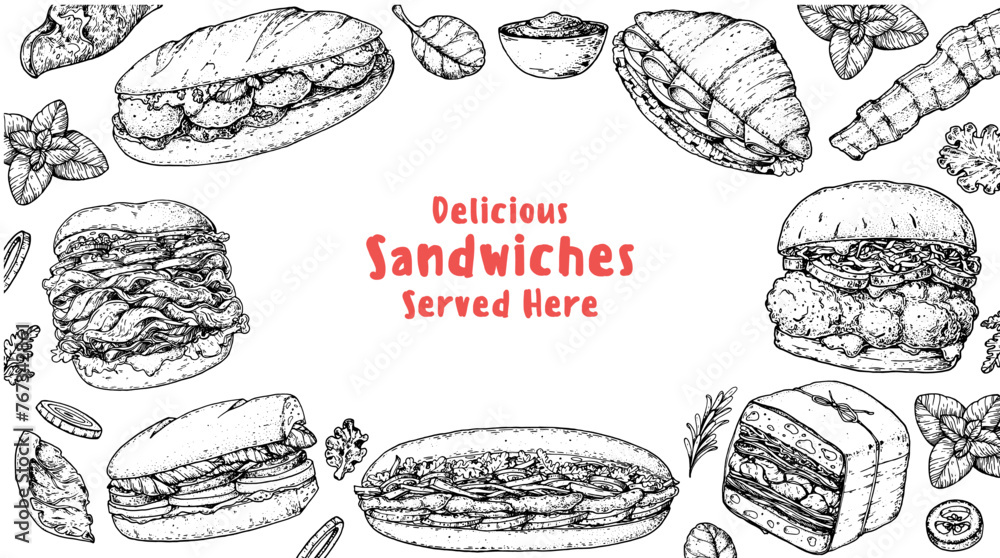 Delicious sandwich frame. Menu design template. Sandwich sketches ...