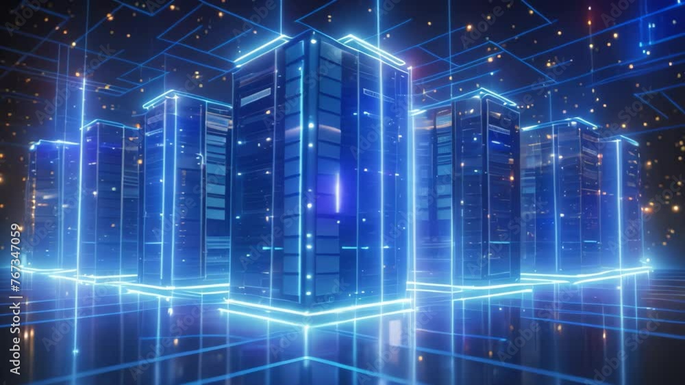 3d rendering server room with blue neon lights over dark blue ...