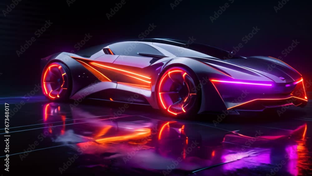3D rendering of a brand-less generic concept car in neon light, Car ...