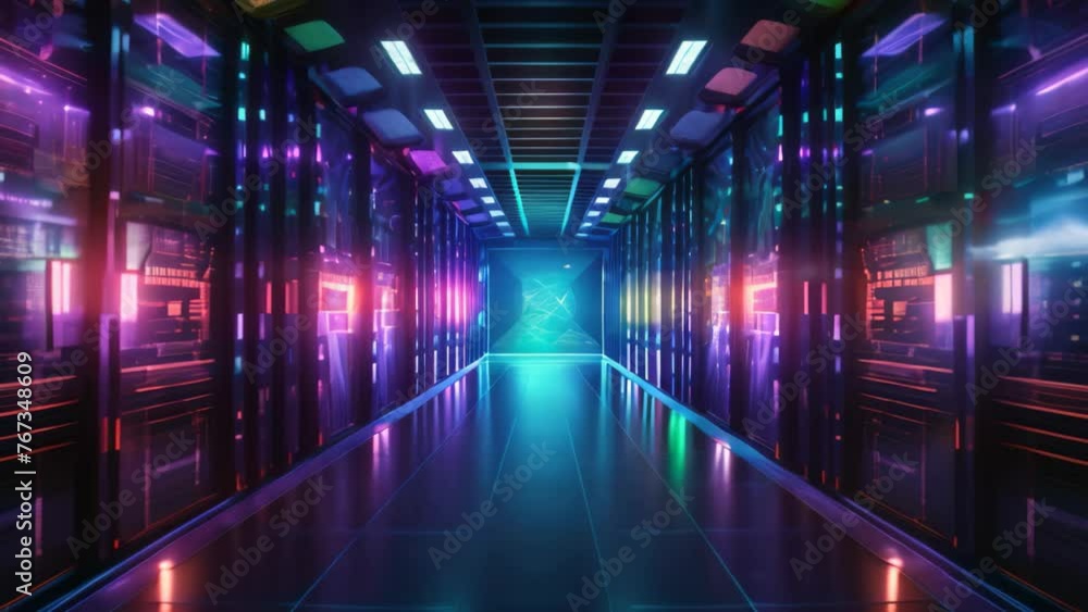 A brilliantly lit long hallway adorned with an array of vibrant lights ...