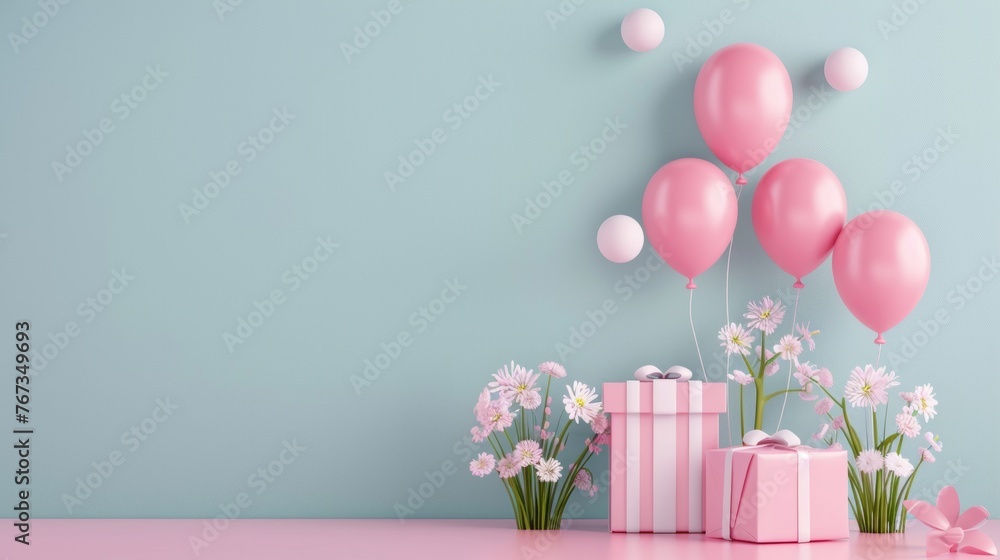 Soft Pastel Celebration with Balloons, Gifts, and Flowers. Birthday or ...
