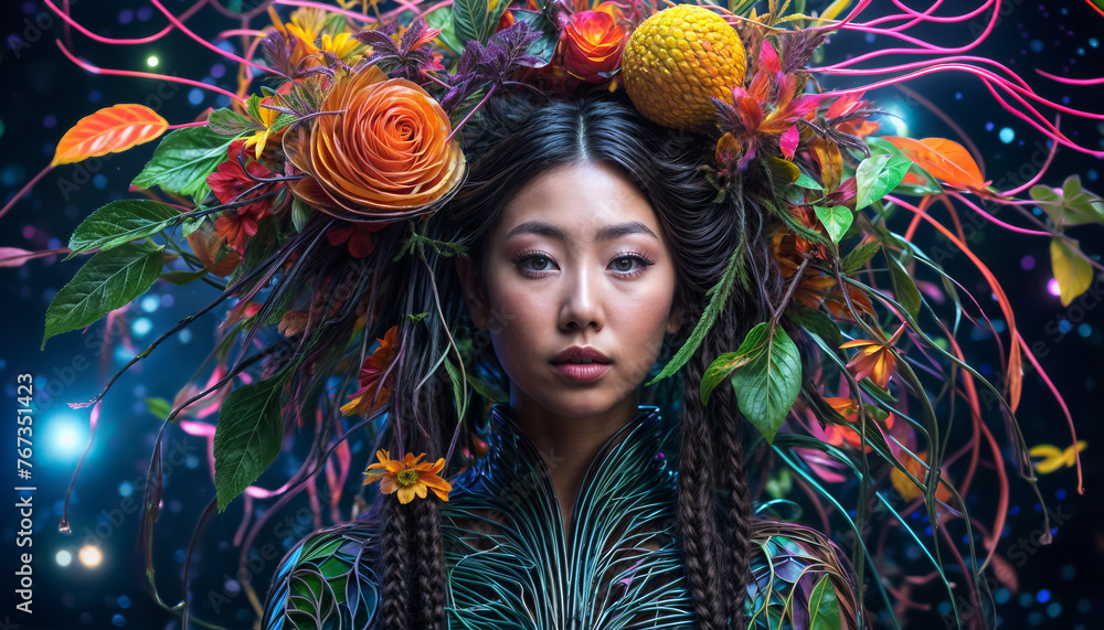 Fantasy Asian woman. Beautiful girl. Chimera floral background. Neon ...