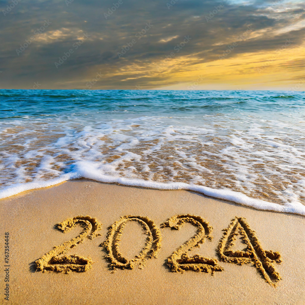 2024 written on the sand on the beach and sea wave background. New year ...