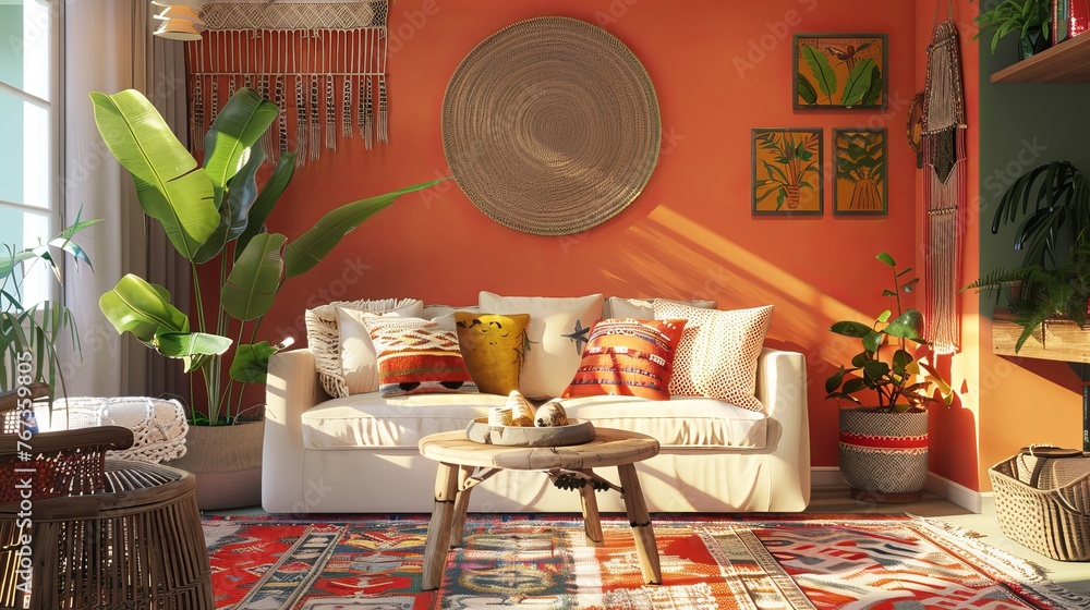 Cozy living room with a boho style. The walls are a bright color, and ...