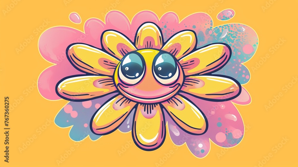 Cute and groovy daisy cartoon with eyes and a smile. The daisy is in a ...
