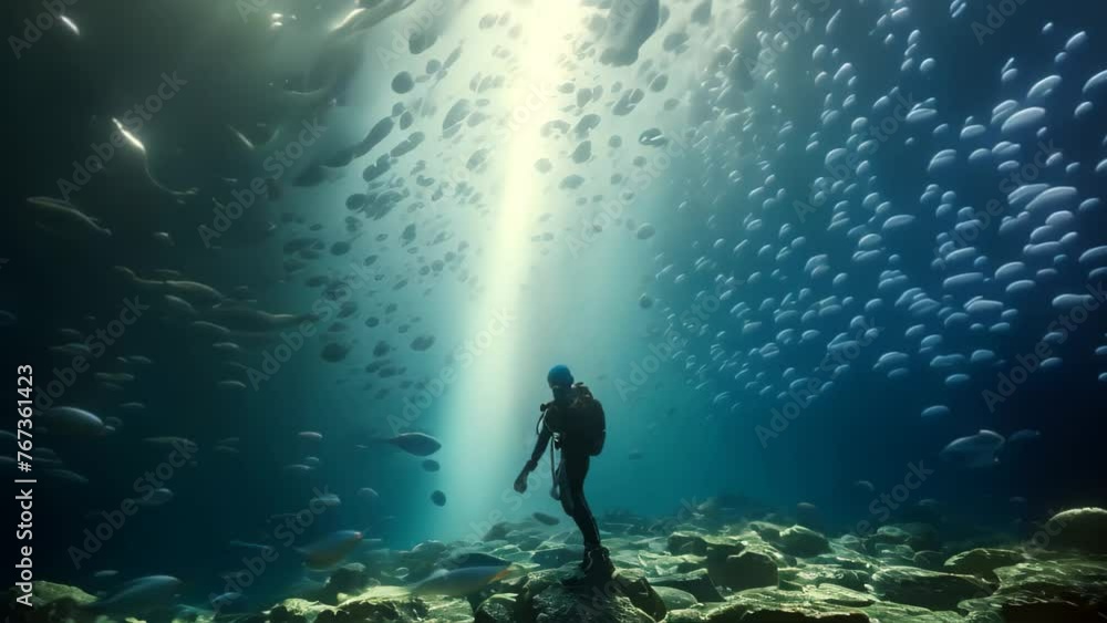 A person stands surrounded by a multitude of fish in a captivating ...