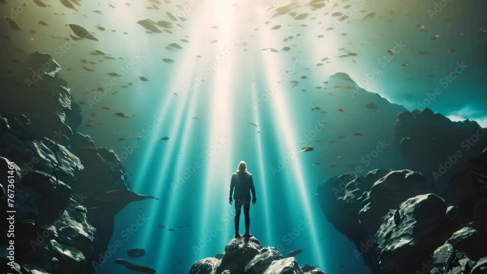 Witness the captivating sight of a man standing amidst a school of fish ...