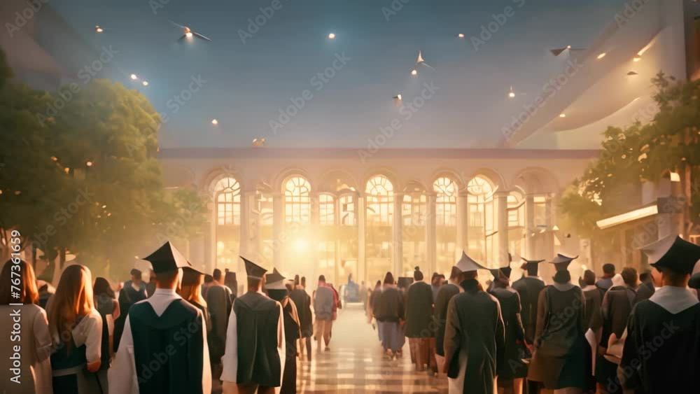 Painting capturing the celebratory moment as graduates proudly throw ...
