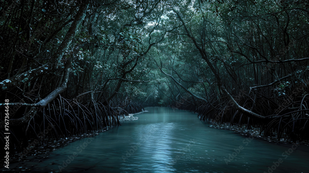 Dark haunted mangrove forest, spooky trees in water in fairy tale ...