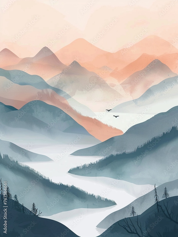 Illustration of a tranquil mountain valley using minimalist design and ...