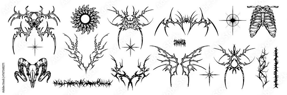 Neo tribal gothic tattoo set, retro futuristic cyber symmetry shapes ...