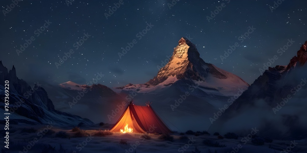 Nighttime Indian tent with bonfire surrounded by mountains in a 4k ...