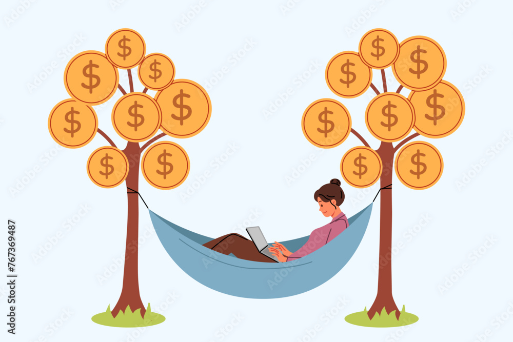 Successful woman earns passive income by lying in hammock between two ...