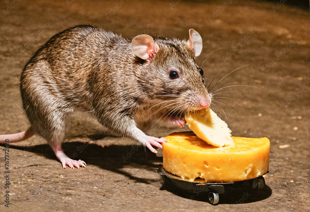 Rat eating cheese. Pests in agriculture and households. Stock ...