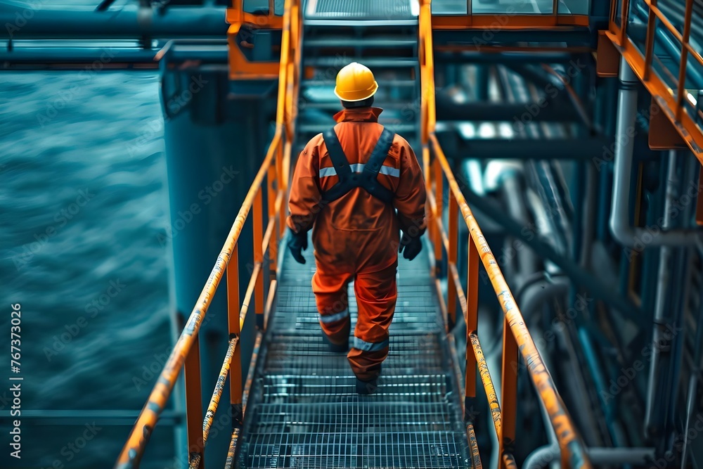 Offshore oil rig worker heading to gas facility for maintenance in ...