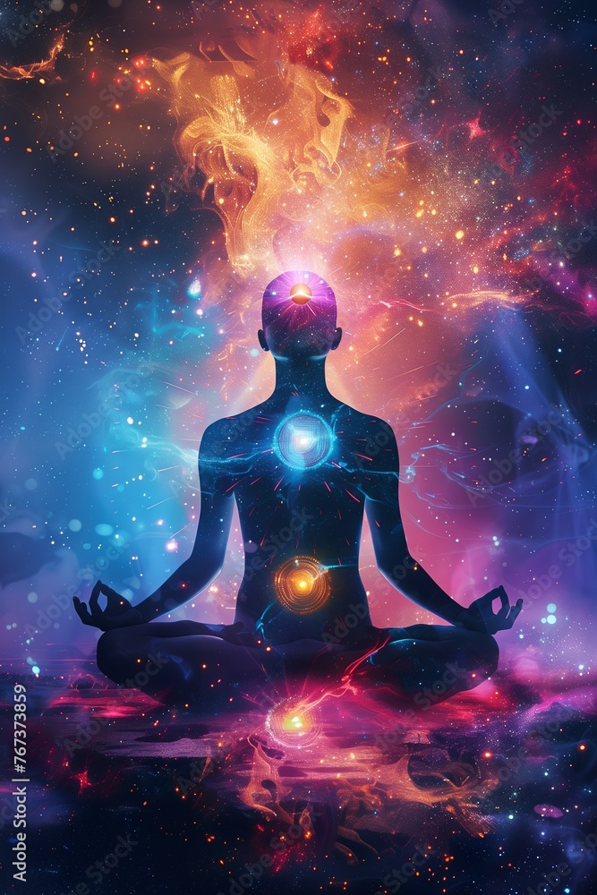 Meditating human silhouette in yoga lotus pose. Galaxy universe ...