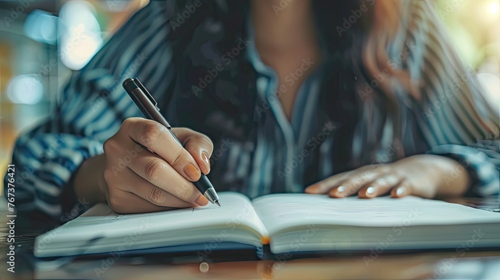 a young woman engrossed in writing in a notebook with a pen at her desk ...