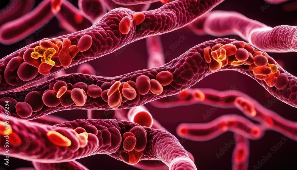 Microscopic red blood cells or parasites in bloodstream or blood flow ...