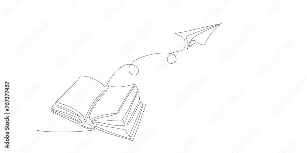 Open book and flying paper plane. Continuous one line drawing for ...