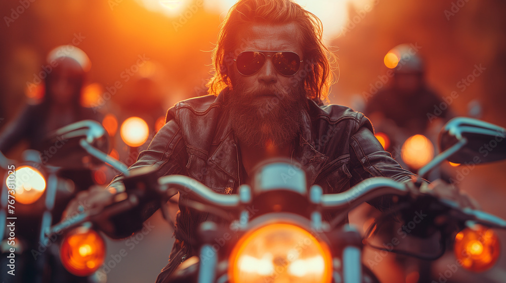 Against the backdrop of a fiery sunset, a group of bikers rev their ...