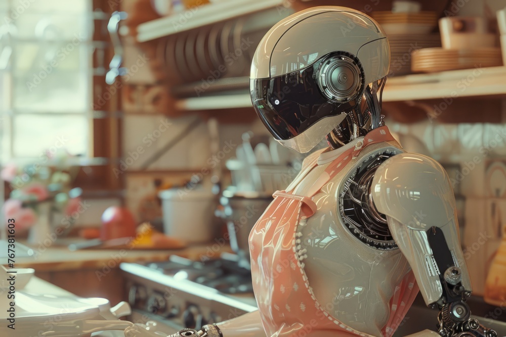Female humanoid robot chef effortlessly cooks in a bright kitchen, advancement of artificial ...