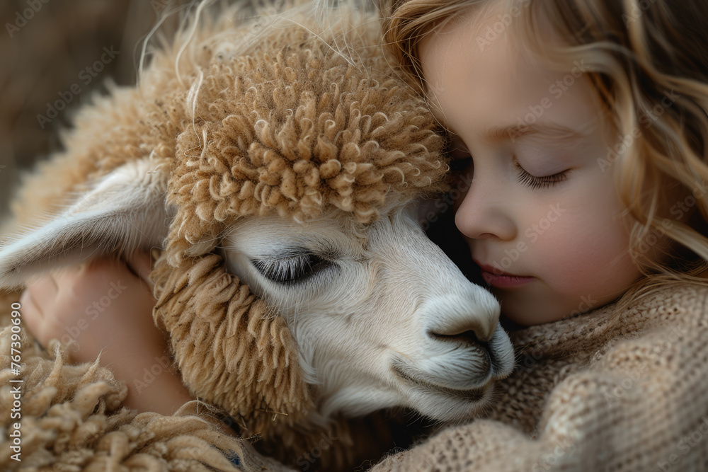 A gentle therapy alpaca interacting with children with autism, soothing ...