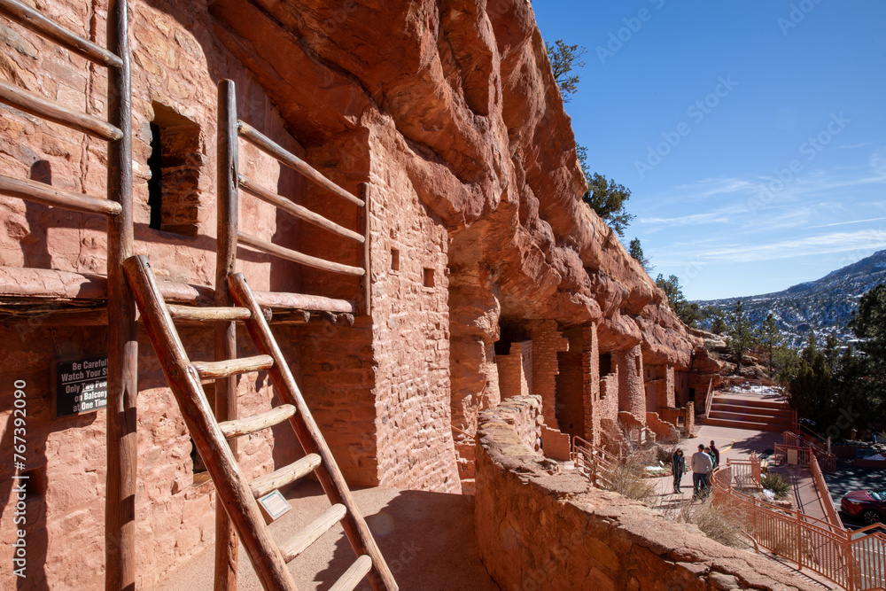 Red rocks of Manitou Springs cliff dwellings. Natural adobe walls with ...