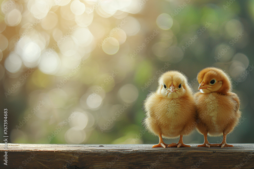 Two little chickens friend standing on wooden floor on blurred natural ...