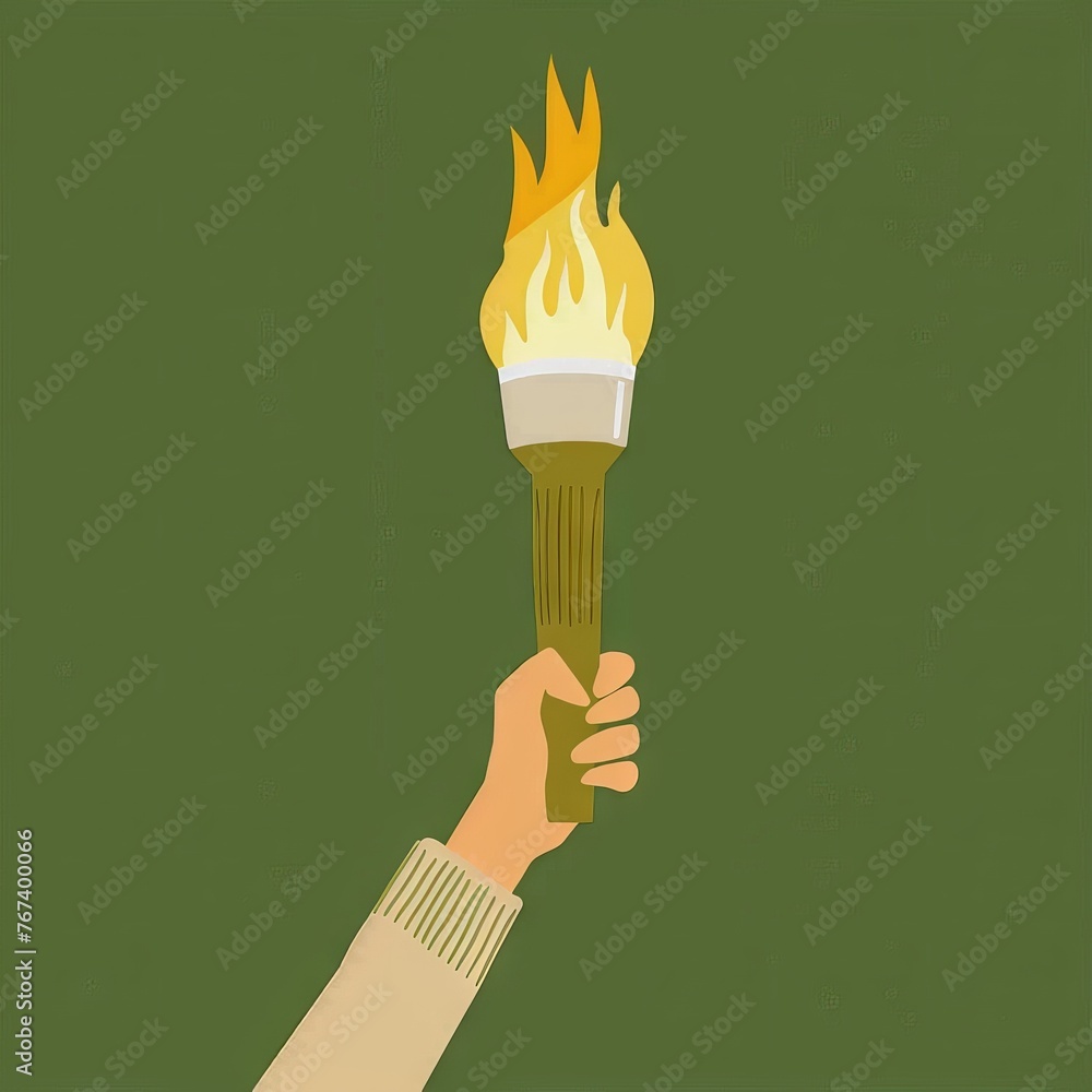 A hand holds a lit torch against a green background. Concept: an image ...