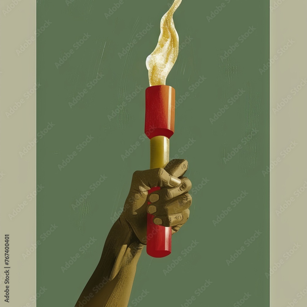 A hand holds a lit torch against a green background. Concept: an image ...