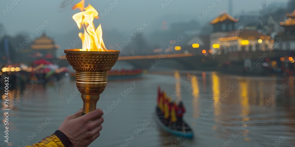 Lighted torch in hand Concept: an image for relay races and competitive ...
