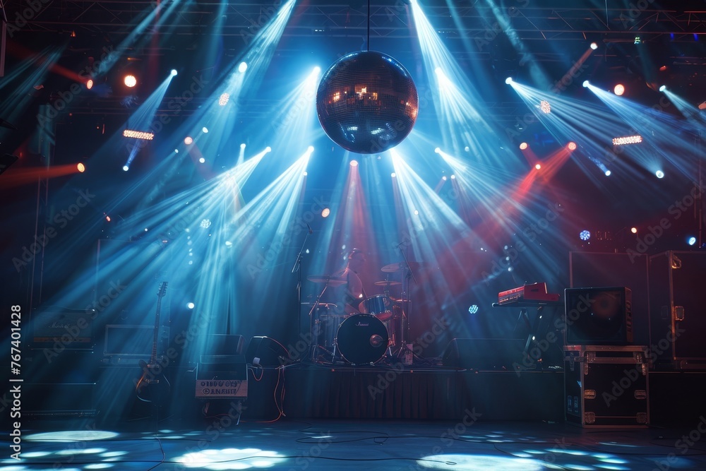 A dazzling disco ball casts radiant beams of light across a dynamic ...