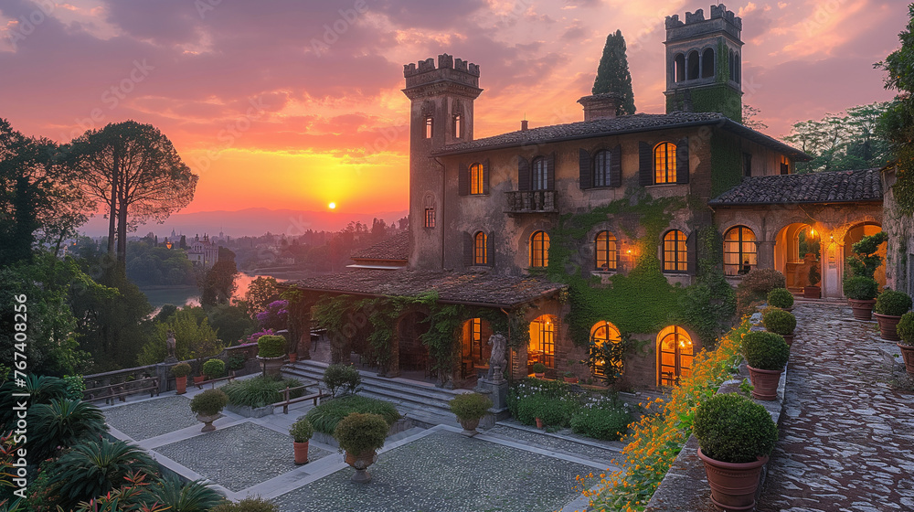 Set amidst a tranquil countryside, a quaint castle stands as a ...