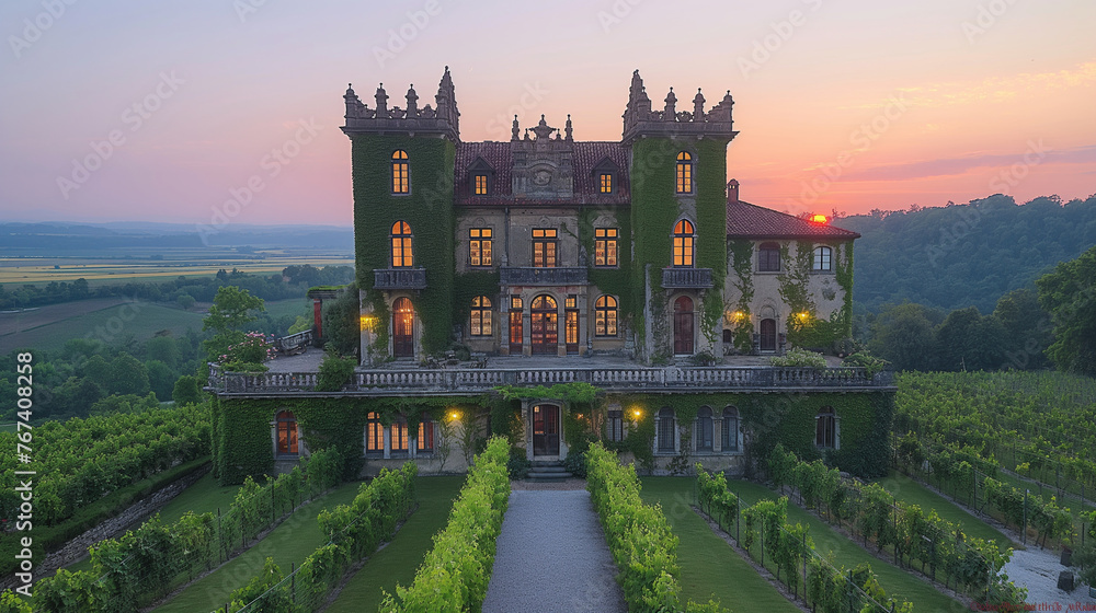 Set amidst a tranquil countryside, a quaint castle stands as a ...