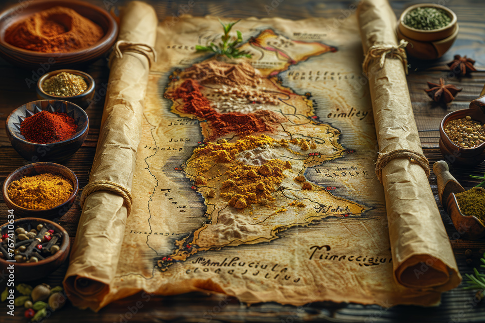 A spice trail map illustrating the geographical origins and trade ...