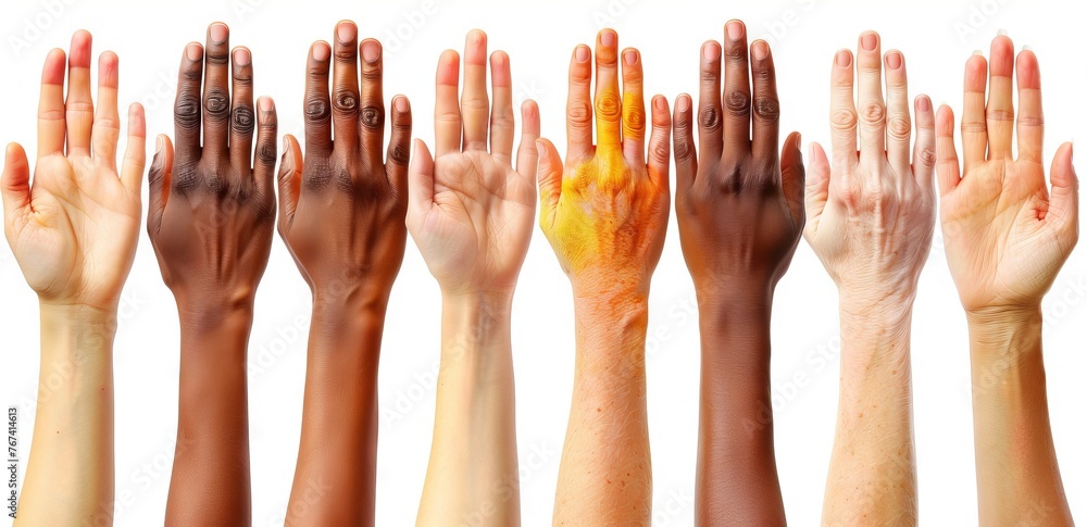 A row of raised hands of different skin tones. Concept: equality ...