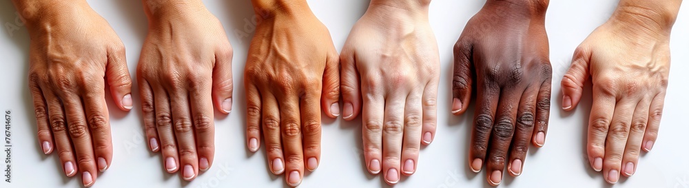 A row of raised hands of different skin tones. Concept: equality ...