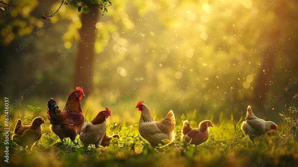 Generative AI : Hen with chickens outdoors on a pasture in the sun ...