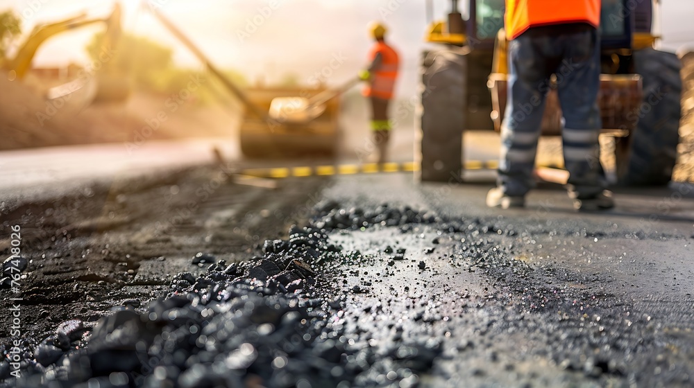 Generative AI : Construction site is laying new asphalt pavement, road construction workers ...