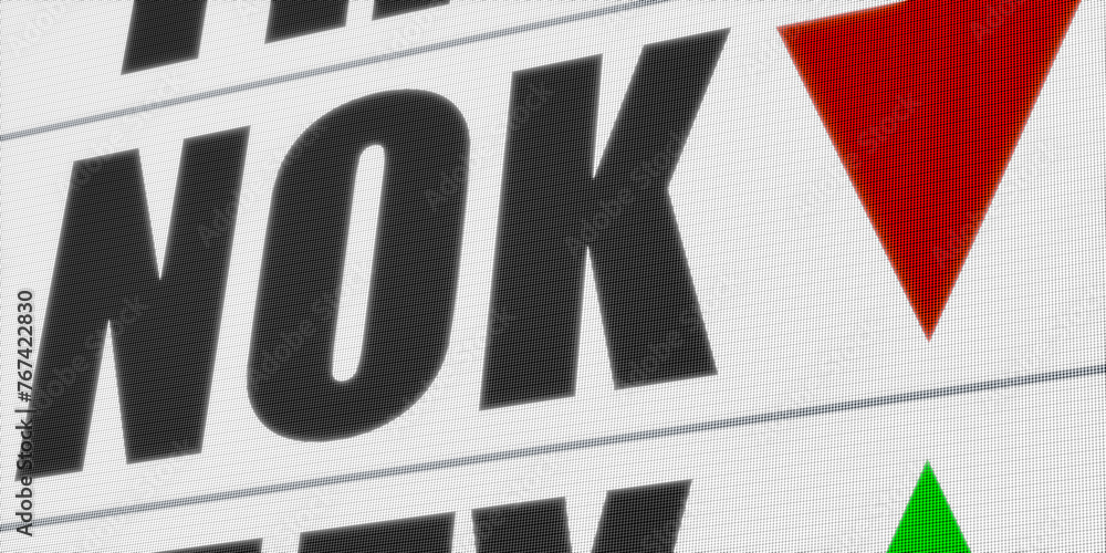 Norwegian krone currency symbol and red arrow, falling NOK. Currency ...