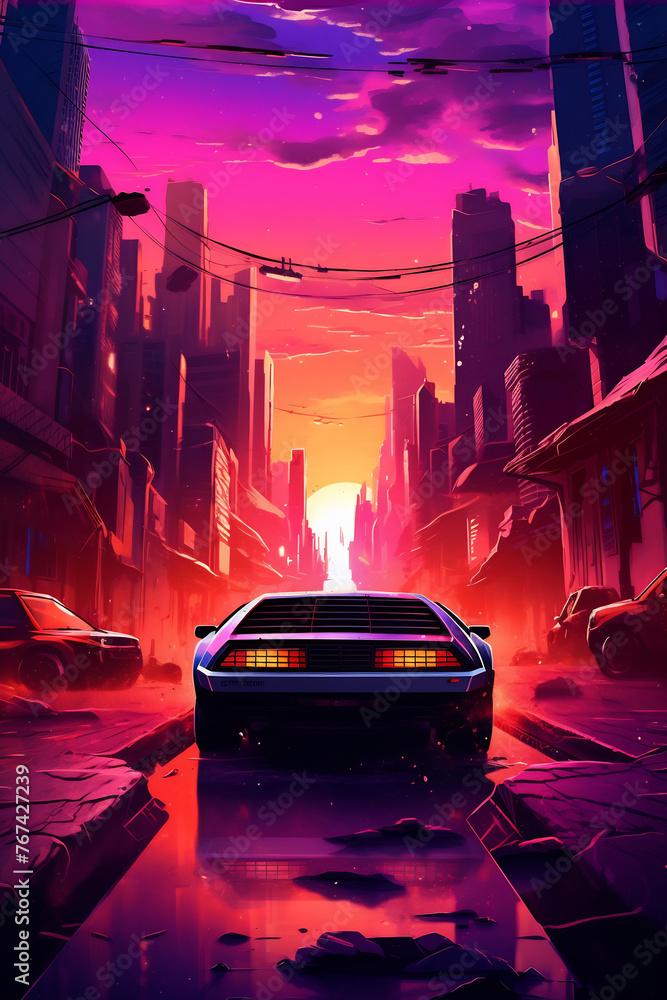 The futuristic retro landscape of the 80s. Illustration of the moon and ...