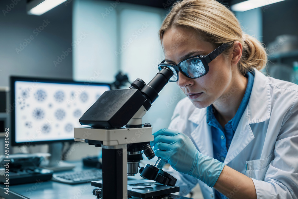 Female lab technician examining biomaterial samples under microscope ...