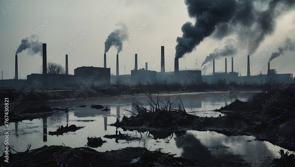 Damaged environment, dead plants, polluted rivers with a background of ...