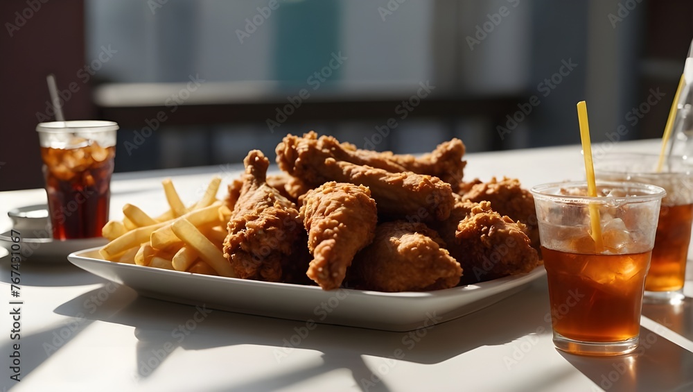 Fried chicken, soda and french fries in table in fast food restaurant ...