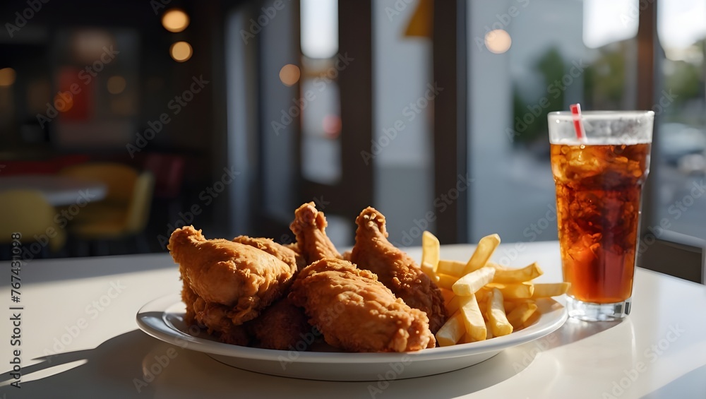 Fried chicken, soda and french fries in table in fast food restaurant ...