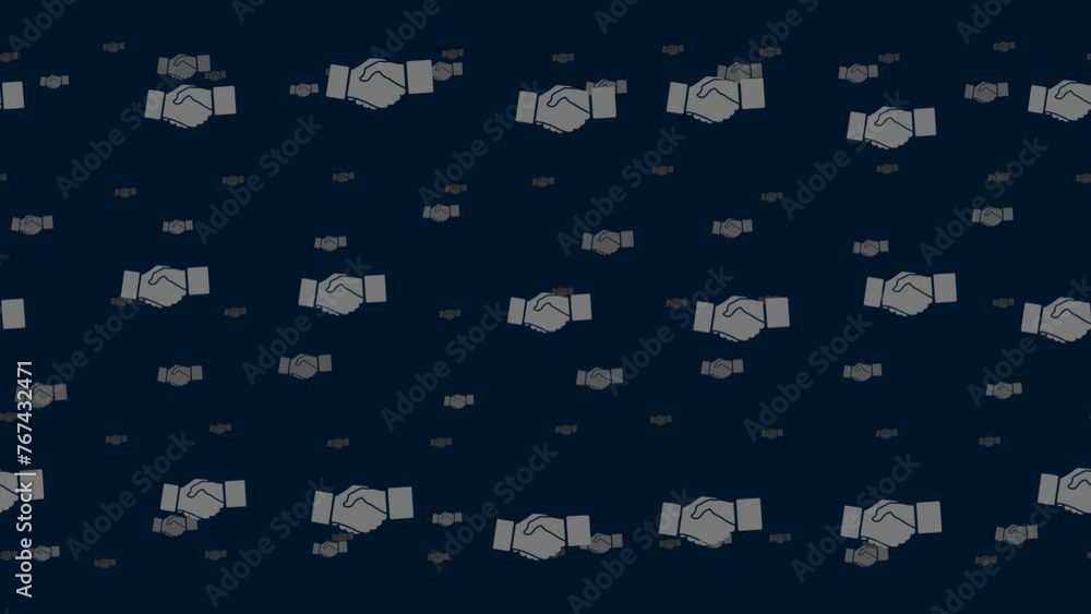 Handshake symbols float horizontally from left to right. Parallax fly effect. Floating symbols ...