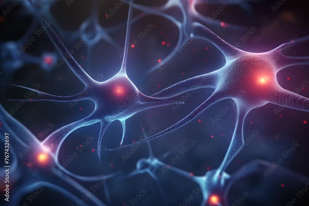 Digital illustration of a neural network with neurons connected by ...